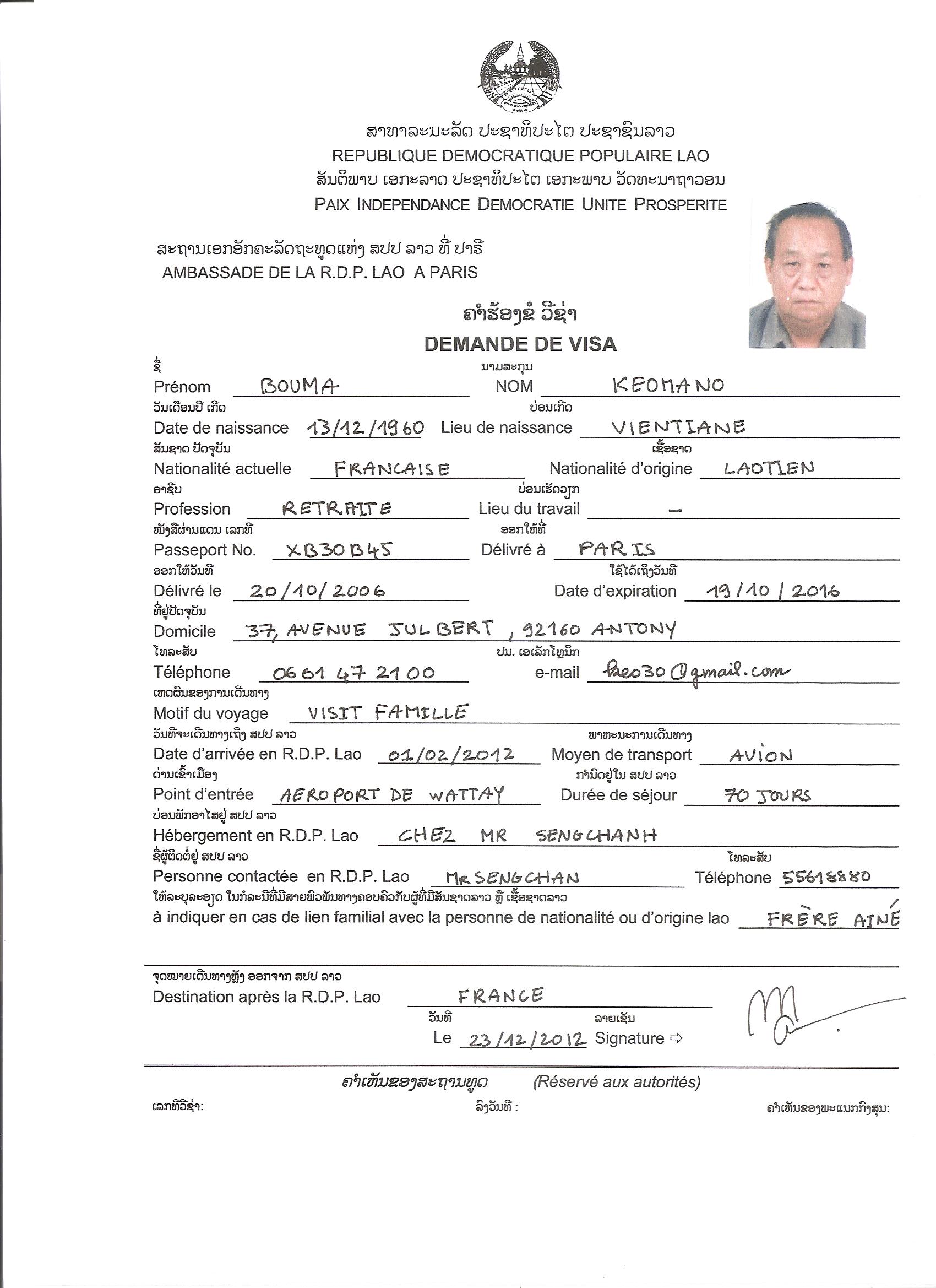 VISA pour les origines laotiens